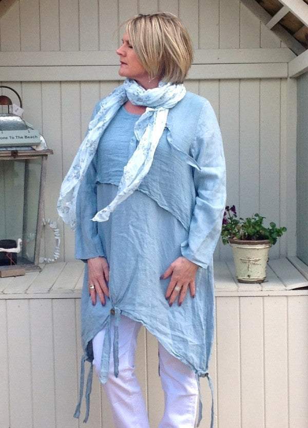 Angelina Linen Tunic Dress In Sky Blue Made In Italy By Feathers Of It