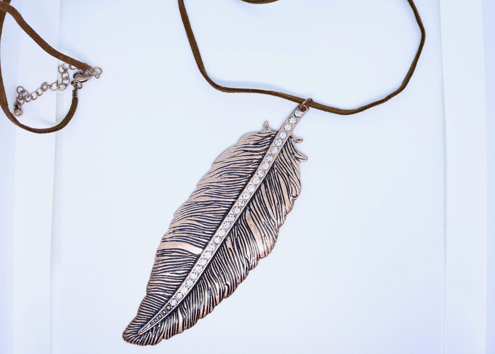 Copper Feather with Diamonte detail on a Suedette Cord Necklace - By F ...